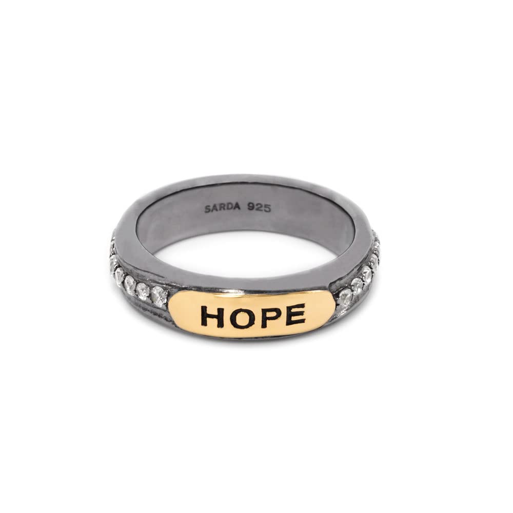 New Beginnings by Janyl Adair - Oxidized Black Rhodium & Yellow Gold Plated .925 Sterling Silver White Zircon HOPE Engraved Statement Ring - Size 7