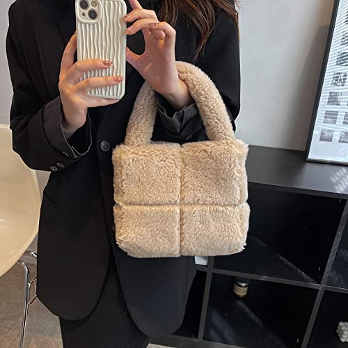 Plush Check Tote Bag for Women Puffer Handbags Puffy Purse Soft Padded Checkered Quilted Shoulder Bags Handbag