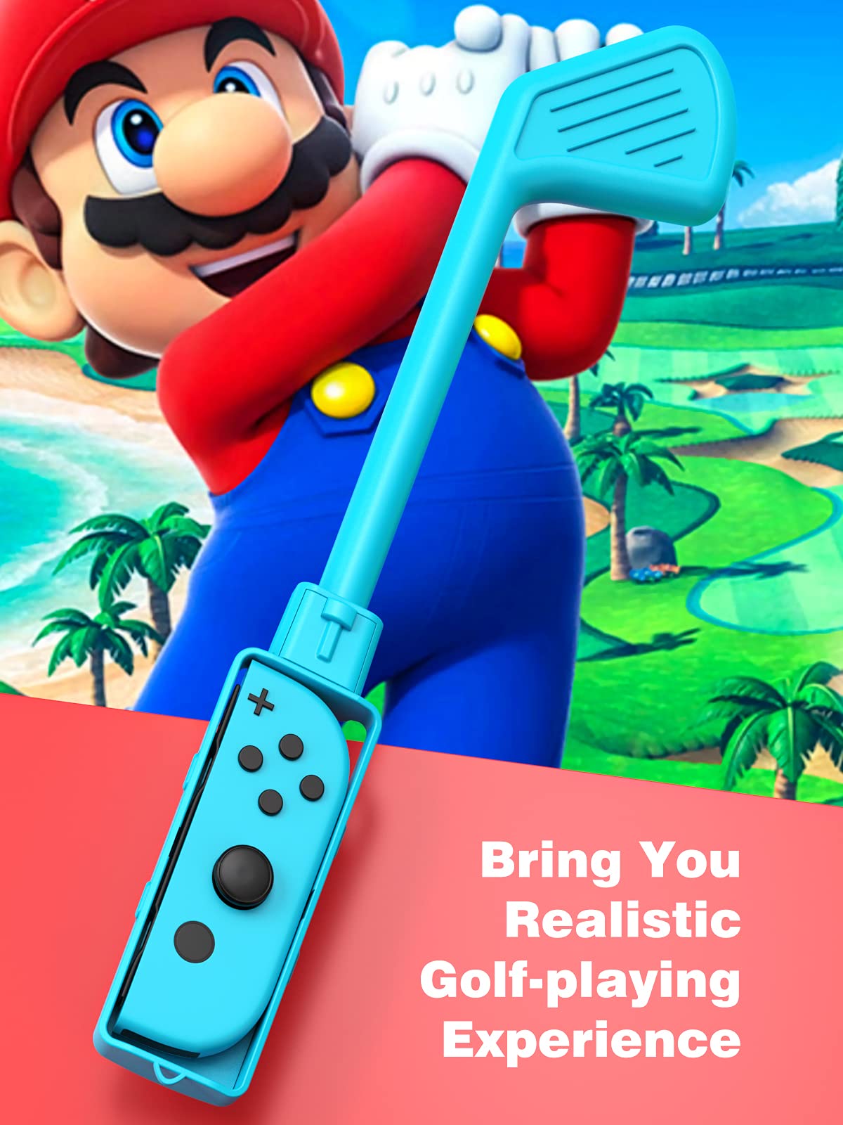 MoKo Golf Clubs Fit with Switch/Switch OLED Model (2021) Mario Golf: Super Rush Golf Handle Grips Game Accessories Kit Fit with Joy-Con Controller 2 Pack with Rotatable Golf Rod &Wrist Strap, Red+Blue