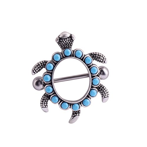 IPINK- Pair of Turtle Design with Aqua Gems Nipple Shields 14G