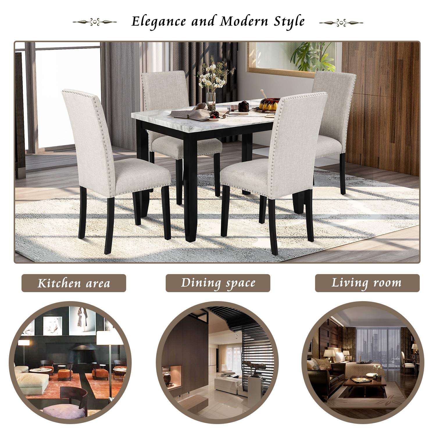 Merax 5 Piece Faux Marble Dining Table Set with 4 Thicken Cushion Chairs for Living Room, White+Beige