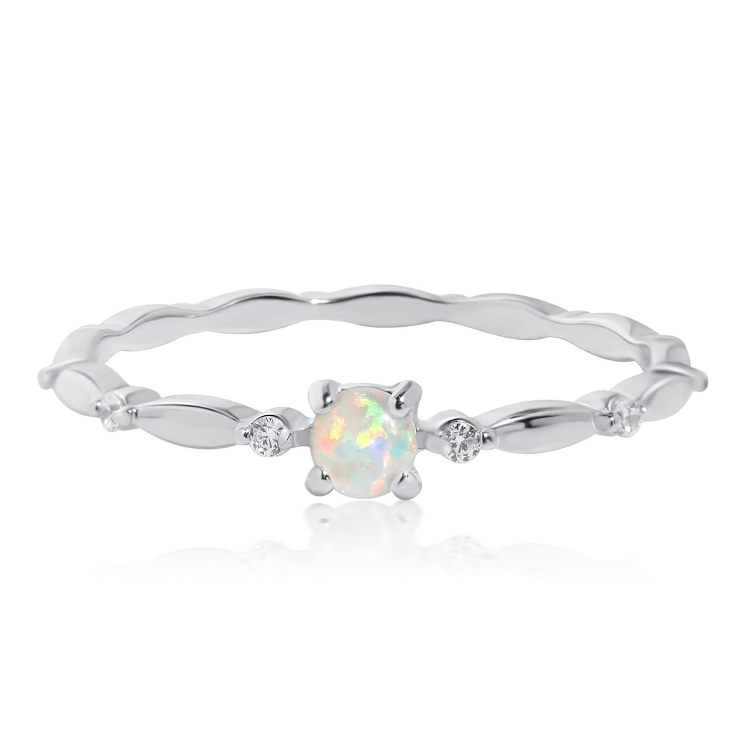 Meissa Sterling Silver Opal Ring for Women White Fire Opal October Birthstone Dainty Minimalist Stackable Ring Gold Promise Ring Size 5-8 (Silver, 7)