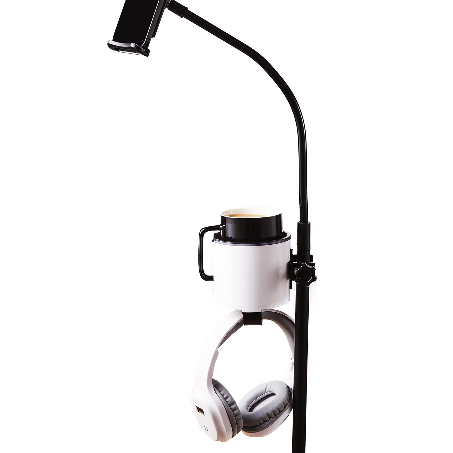 Luxury 2-in-1 Clamp-On Cup Holder/Bottle Holder for Microphone Stand Tube (WHITE)