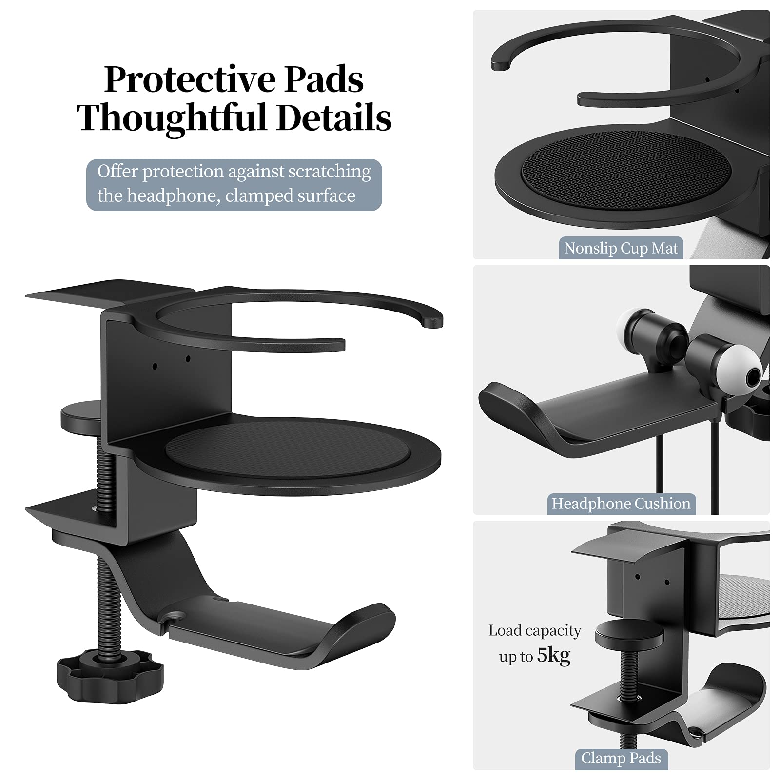 MoKo Headset Hanger with Cup Holder, Universal 2 in 1 Headphone Stand Adjustable 360° Rotate Aluminum Earphone Hook Mount Fit All Headphone Size Sennheiser, Audio-Technica, PS5 Gaming Headphone, Black