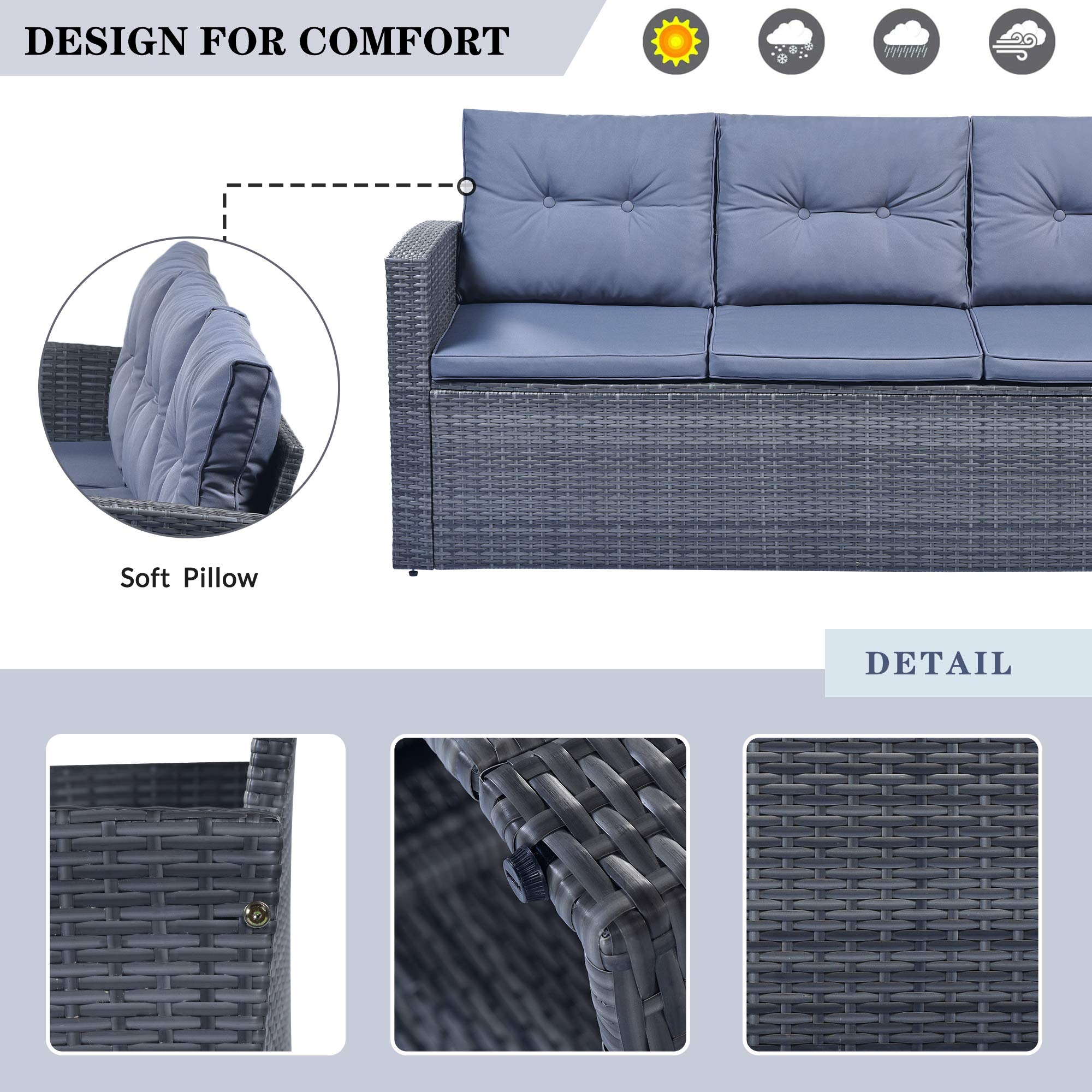 Merax 6 PCS Outdoor Patio Conversation Sets All-Weather PE Sectional Furniture with Coffee Table, Ottomans, Dark Grey Wicker, Light Grey Cushion