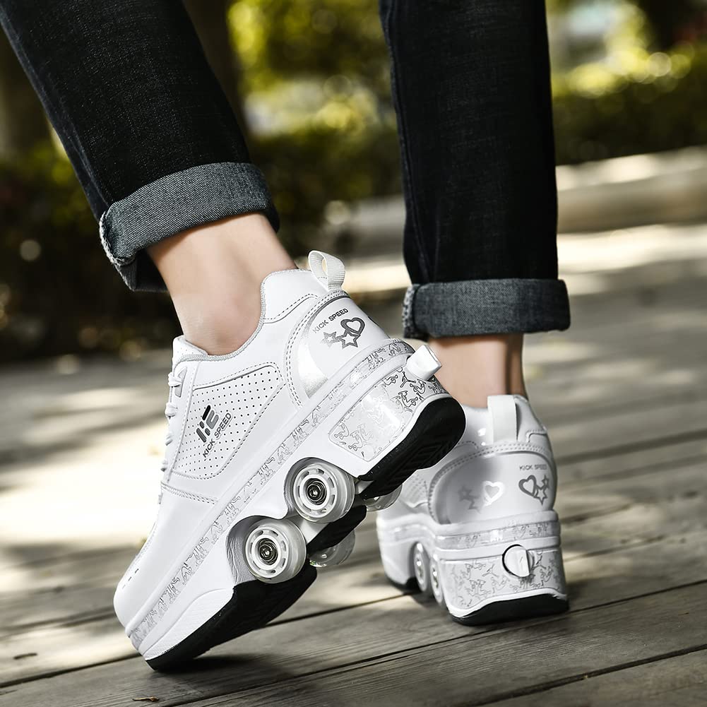 KOFUBOKE 2-in-1 Roller Skates & Sneakers Unisex Retractable Wheels Outdoor Fun & Fitness Kick Roller Shoes (White Without Light, 8)