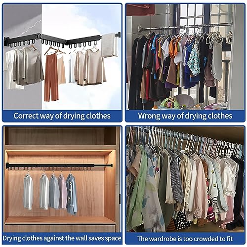 SOCONT Clothes Drying Rack,Black Wall Mounted Clothes Hanger Rack Expandable, Space Saving, Used in Balcony, Laundry Room, Bathroom.