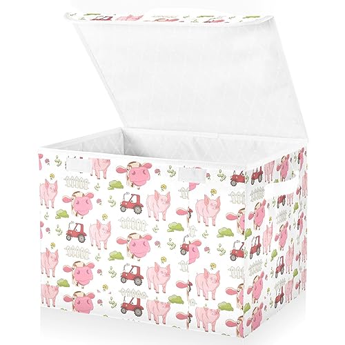Krafig Foldable Storage Box Large Cube Organizer Bins Cute Farm Cow Pig Containers Baskets with Lids Handles for Closet Organization, Shelves, Clothes, Toys