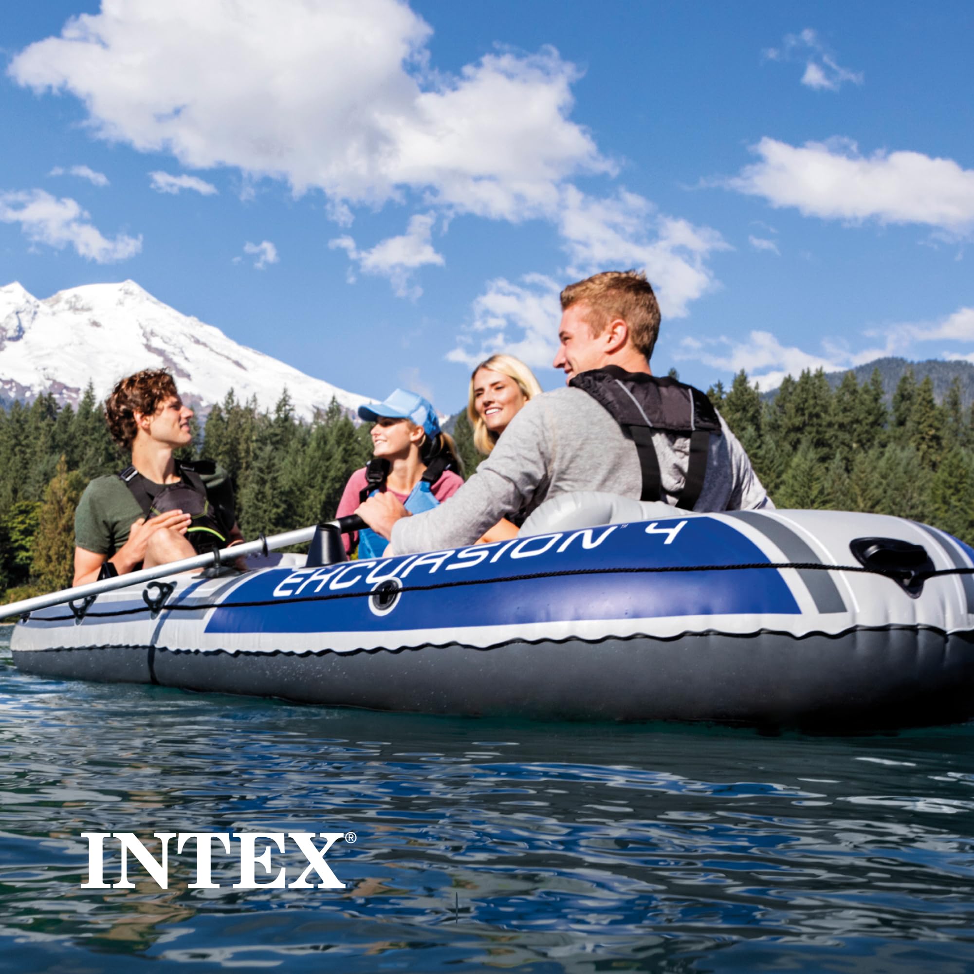 INTEX 68324EP Excursion 4 Inflatable Boat Set: Includes Deluxe 54in Boat Oars and High-Output Pump β Adjustable Seats with Backrest β Fishing Rod Holders β 4-Person β 1100lb Weight Capacity