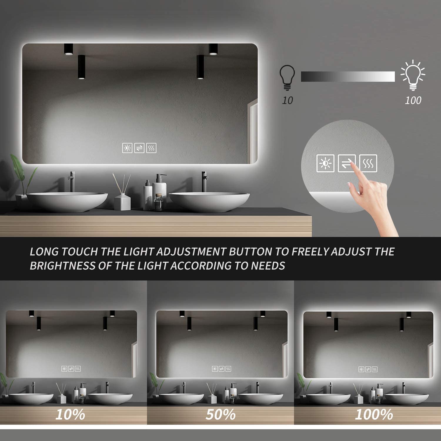 LAIYA 23.5βX47.5β Bathroom Vanity Mirror with Lights, Wall-Mounted Led Black Mirror for Bathroom Anti-Fog Waterproof, Light Adjustment Intelligent Touch Button Horizontal