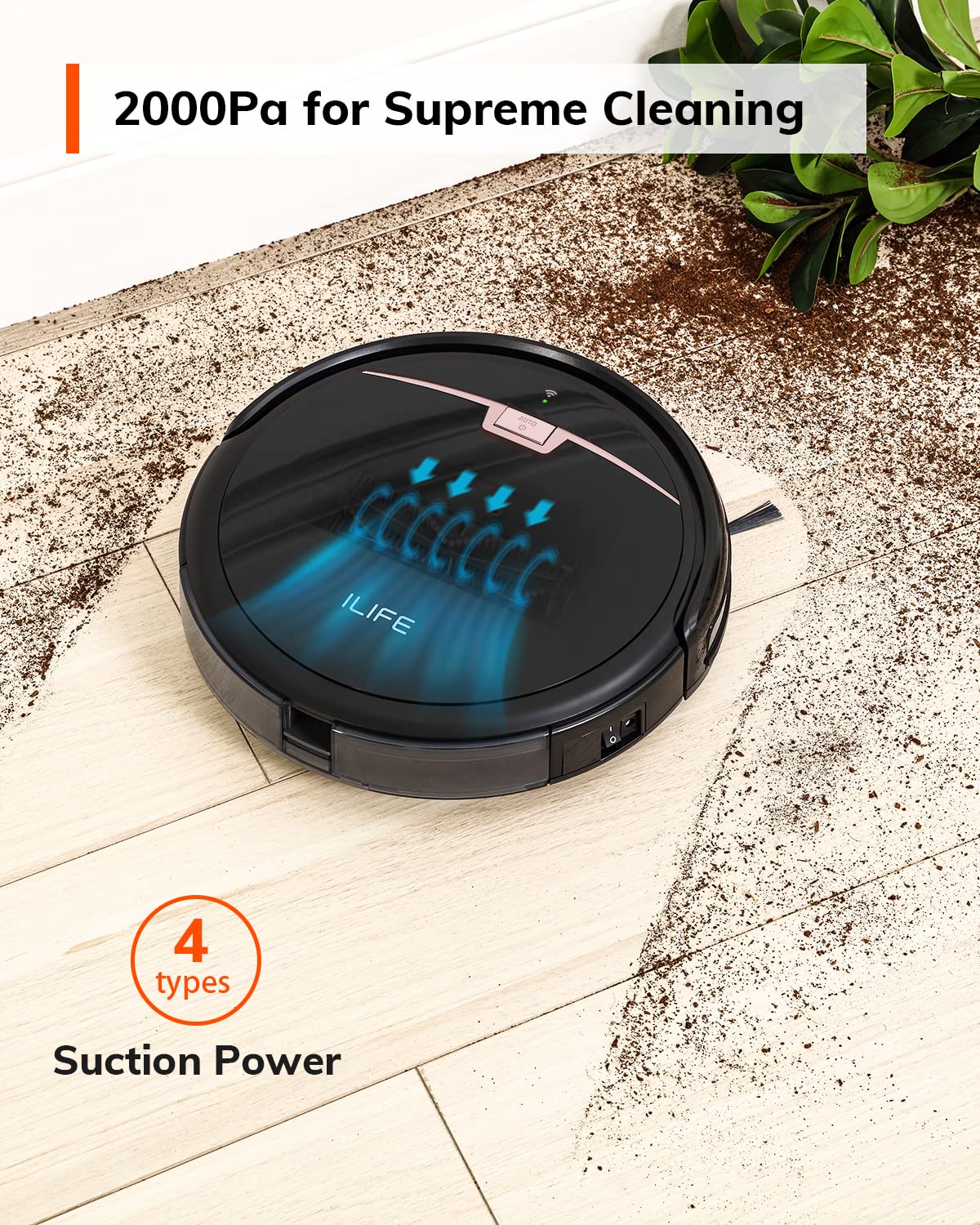 ILIFE A4s Max Robot Vacuum Cleaner, 2000Pa Strong Suction, Wi-Fi Connected, 2-in-1 Roller Brush, Quiet, Automatic Self-Charging Robotic Vacuum Cleaner, Cleans Pet Hair, Hard Floor to Medium Carpets.