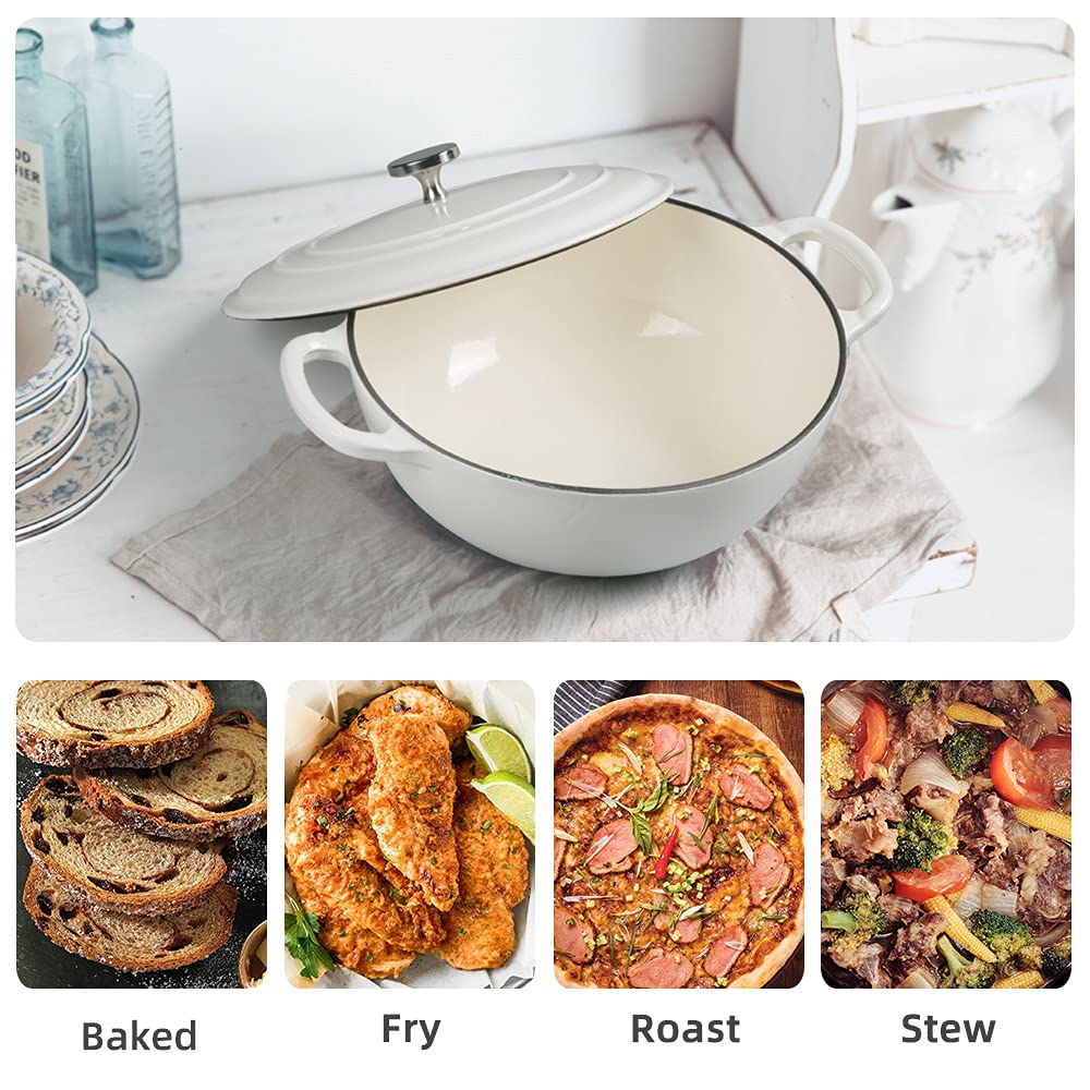 M-COOKER 4.5 Quart Dutch Oven, Enameled Cast Iron Covered Round Dutch Oven with Lid, Casserole, Cookware Pot, French Oven, White