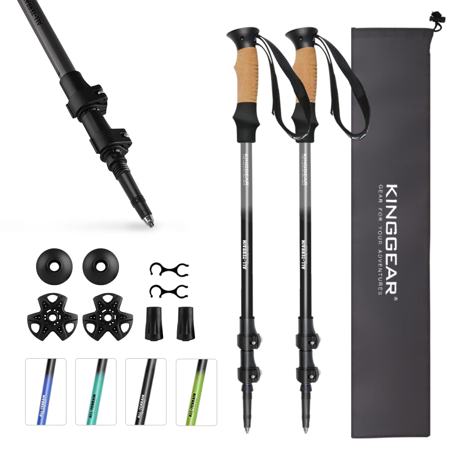 KINGGEAR Walking Stick - Adjustable Hiking Poles, 7075 Aluminum Trekking Poles with Quick Flip Lock, Lightweight Collapsible, Anti-Sweat Cork Grips, All Terrainļ¼Blackļ¼
