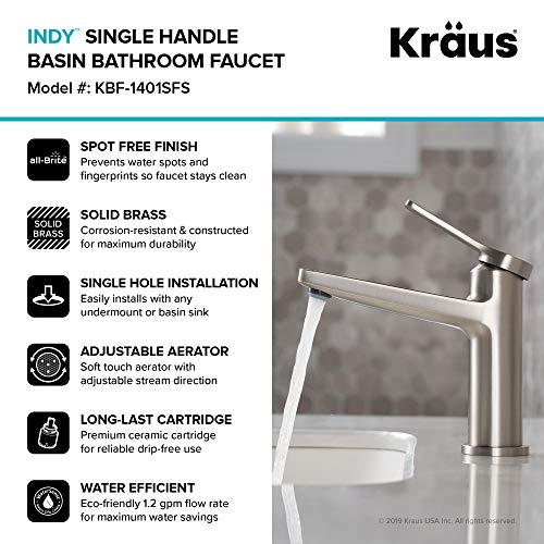 KRAUS Indy Single Handle Basin Bathroom Faucet in Spot Free Stainless Steel and Matching Pop-Up Drain with Overflow, KBF-1401SFS-PU-11SN