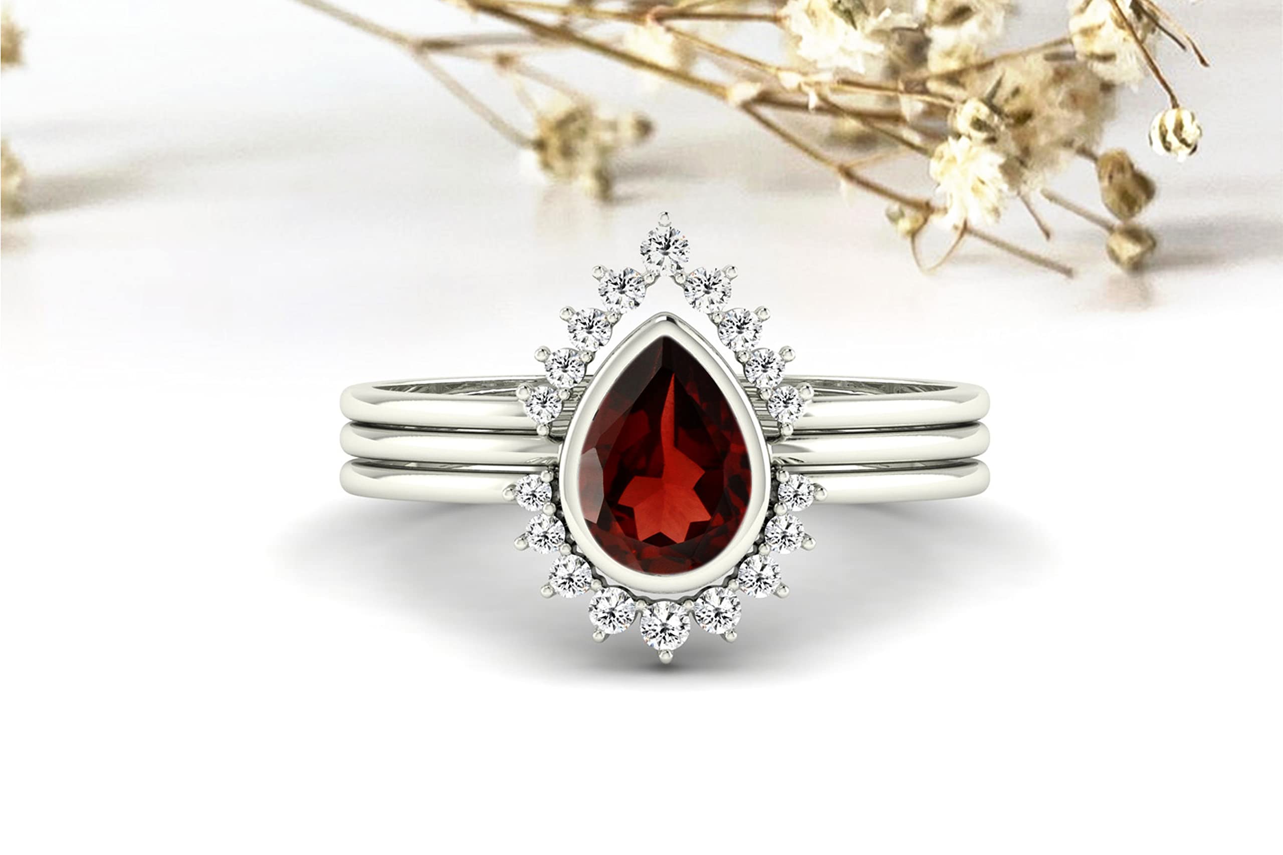 mirahi by chordia jewels Diamond Stackable Ring 14K White Gold, Solitaire Teardrop Garnet Engagement Ring, Bridal Sets Wedding Rings with Ring Size 7.5