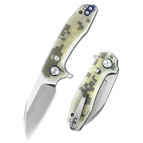 WIN+ Pocket Knife, Folding Knife with Button Lock, EDC Knife with Axis Lock and Ball Bearing, D2 Tactical Knife with G10 Handle, Survival Knives for Camping W3435 (B-Camo-G10)