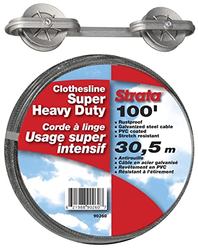 Strata 10" Metal Spacers/Wheels for Clothesline and Strata 100 Feet Clothesline Outdoor Heavy Duty Galvanized Wire Steel Cable, Silver PVC Coating - Clothes Line Wires for Outside Laundry Drying