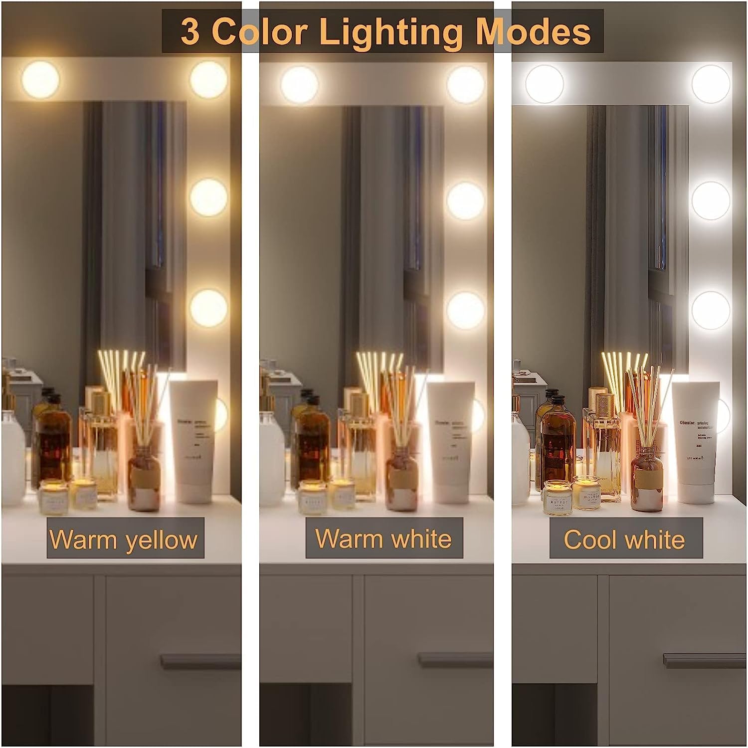 Irontar Vanity Desk with Stool, Makeup Table with Lighted Mirror, 3 Color Lighting Modes, Brightness Adjustable, Dressing Table with Drawers, Vanity Table Set for Women, White WDT004WD