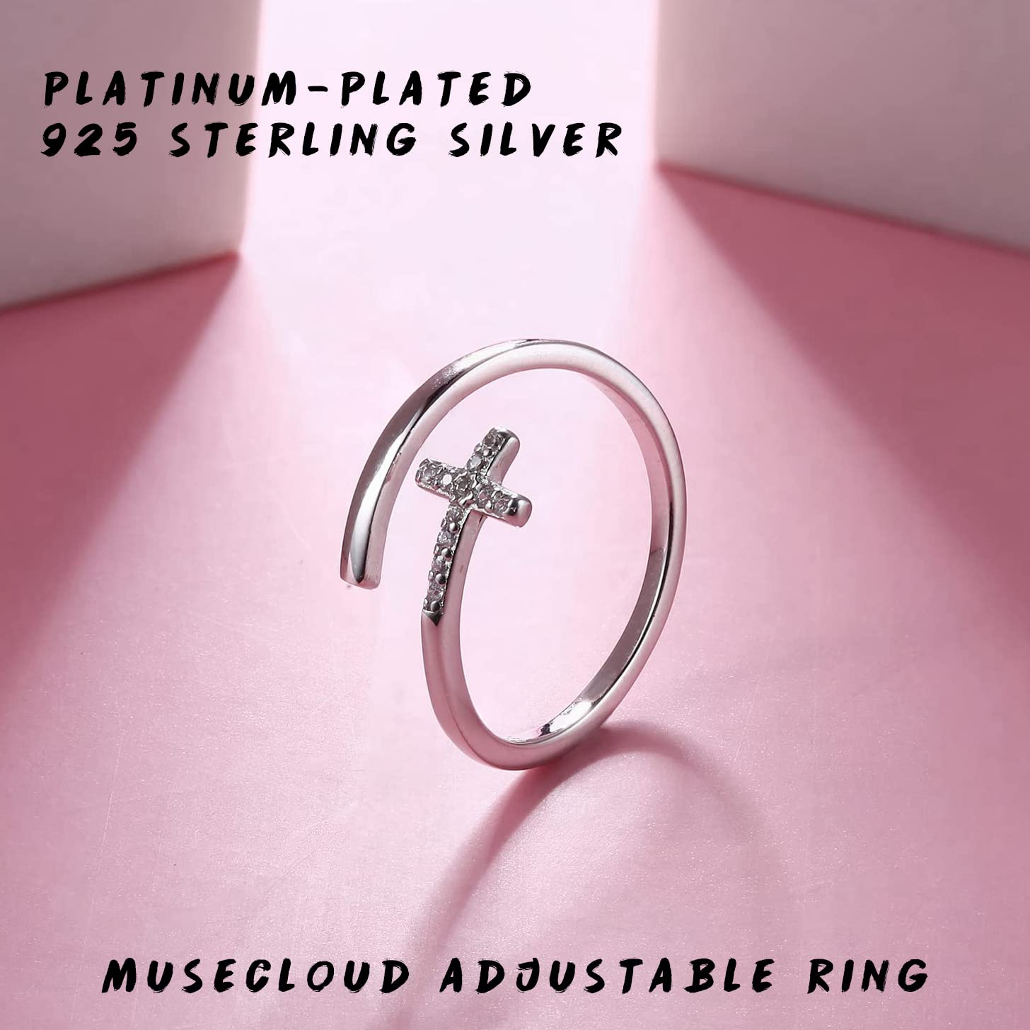 MUSECLOUD 925 Sterling Silver Cross Ring for Women Dainty Open Christian Ring Birthday Christmas Religious Jewelry Gift Simple CZ Cross Adjustable Ring