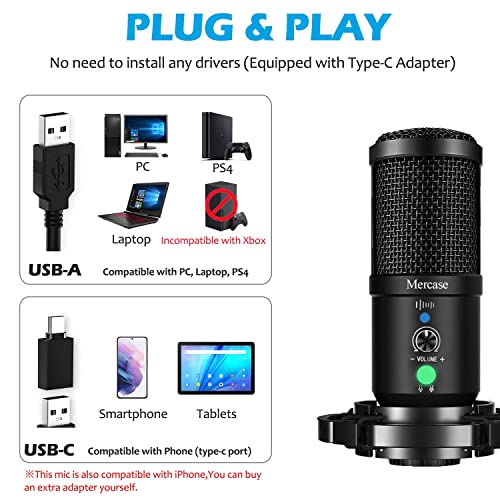 Mercase USB Condenser Microphone, 192KHZ/24Bit Mic kit Plug & Play with Mute Button,Real-time Monitoring, Noise Canceling,Microphone with Adjustment Arm Stand