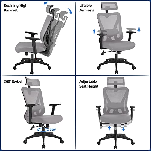 Yaheetech Office Chair Ergonomic Computer Desk Chair with Adjustable Lumbar Support Armrest and Headrest, Swivel Working Study Chair for Home Office, Light Grey
