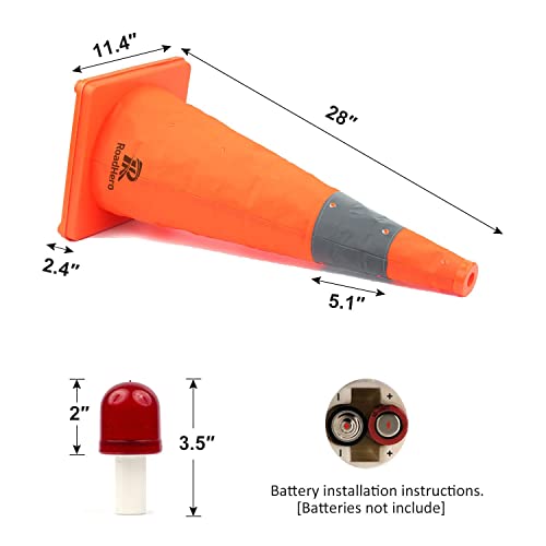 RoadHero 28 Inch [2 Pack] Collapsible Traffic Safety Cones, Multi Purpose Pop-up Cones with Reflective Collar for Road Safety, Orange Cones with LED Light for Driving Training, Parking Lots