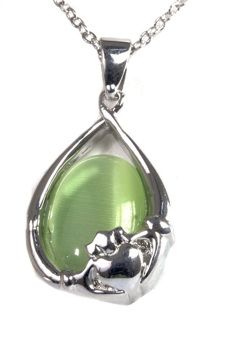 Irish Celtic Rhodium Green Cats Eye Claddagh Pendant by Solvar
