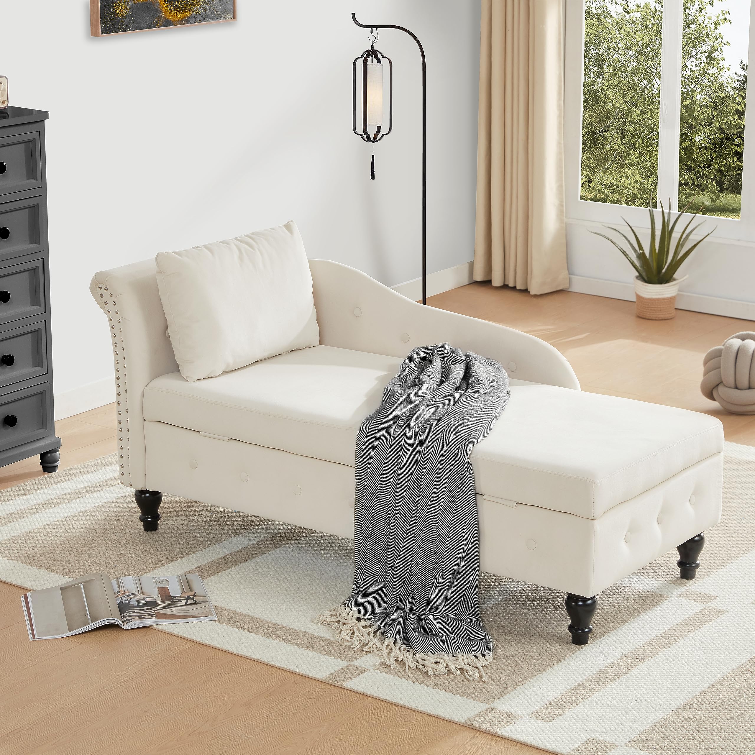 Iroomy Button-Tufted Chaise Lounge Indoor with Solid Wood Legs & Support Pillow, Upholstered Chaise Lounge Chair for Bedroom Living Room Office, Armless Rolled Backrest Leisure Sofa Recliner-Dark Grey