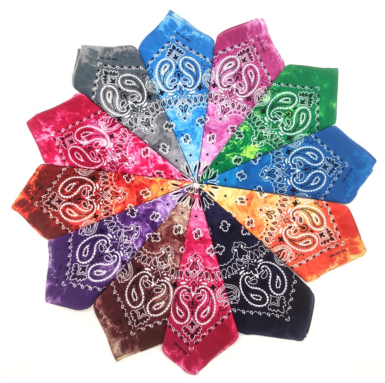 Nambee Tie Dye Bandanas Cotton Paisley Print Novelty Headband,12 Packs 21x21 inches Multi-Purpose Printed Unisex Kerchief
