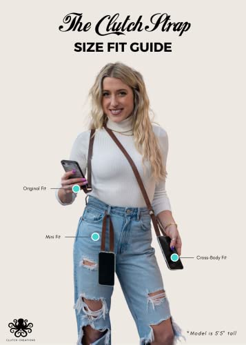 The Clutch Strap Mini Adhesive Phone Carrying Strap with Brown Leather and Brass Hardware, 15-Inches