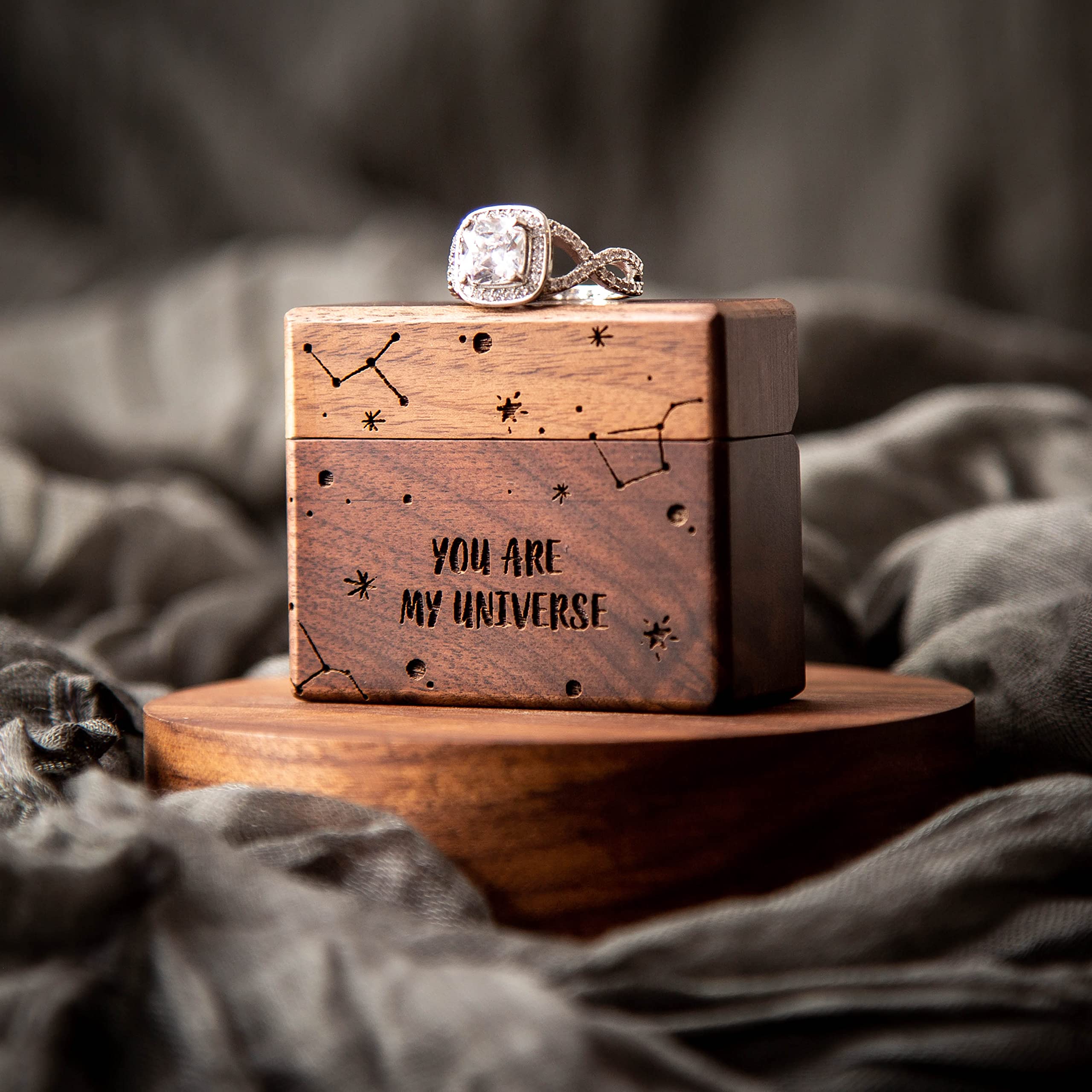 MUUJEE You Are My Universe Engraved Wooden Ring Box, Slim Engagement Proposal Ring Holder, Wedding Ceremony Ring Bearer Box, Fiance Gift Ideas