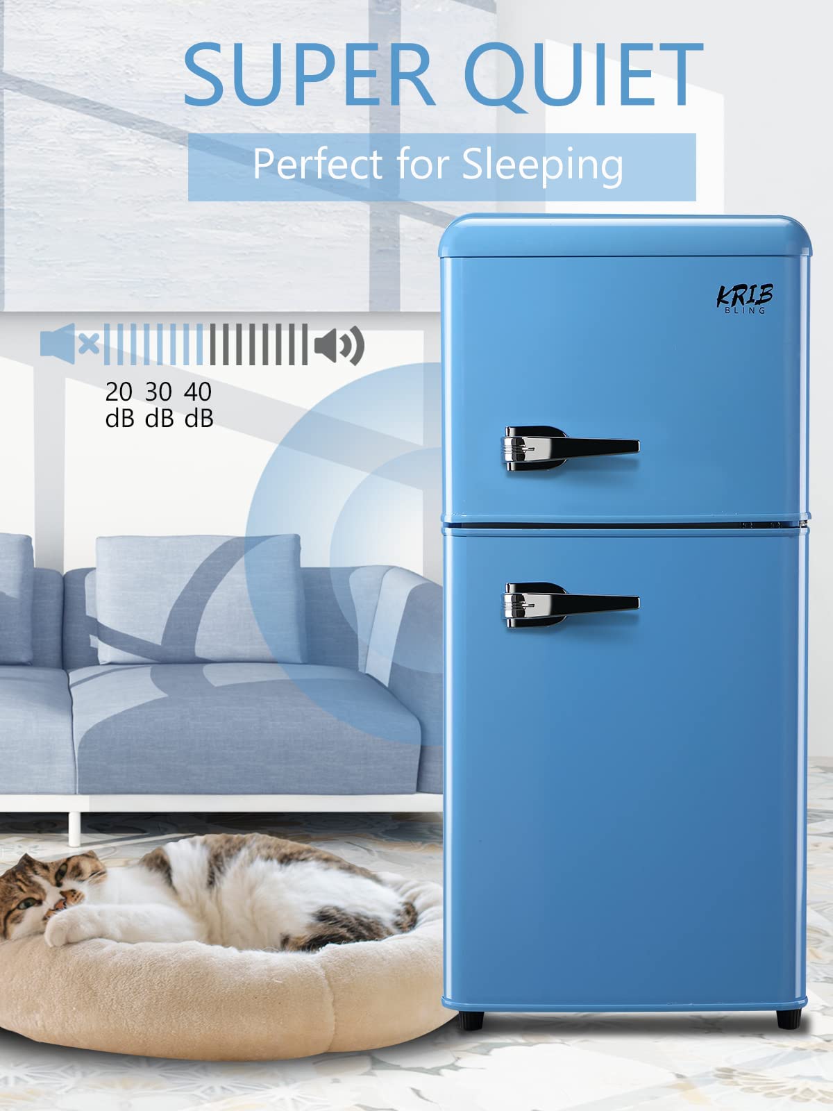 KRIB BLING Mini Fridge With Freezer,3.5 Cu. Ft Compact Refrigerator With 2 Doors,7- Level Adjustable Thermostat, Removable Glass Shelves For Bedroom, Office, Kitchen, Apartment, Dorm, Blue