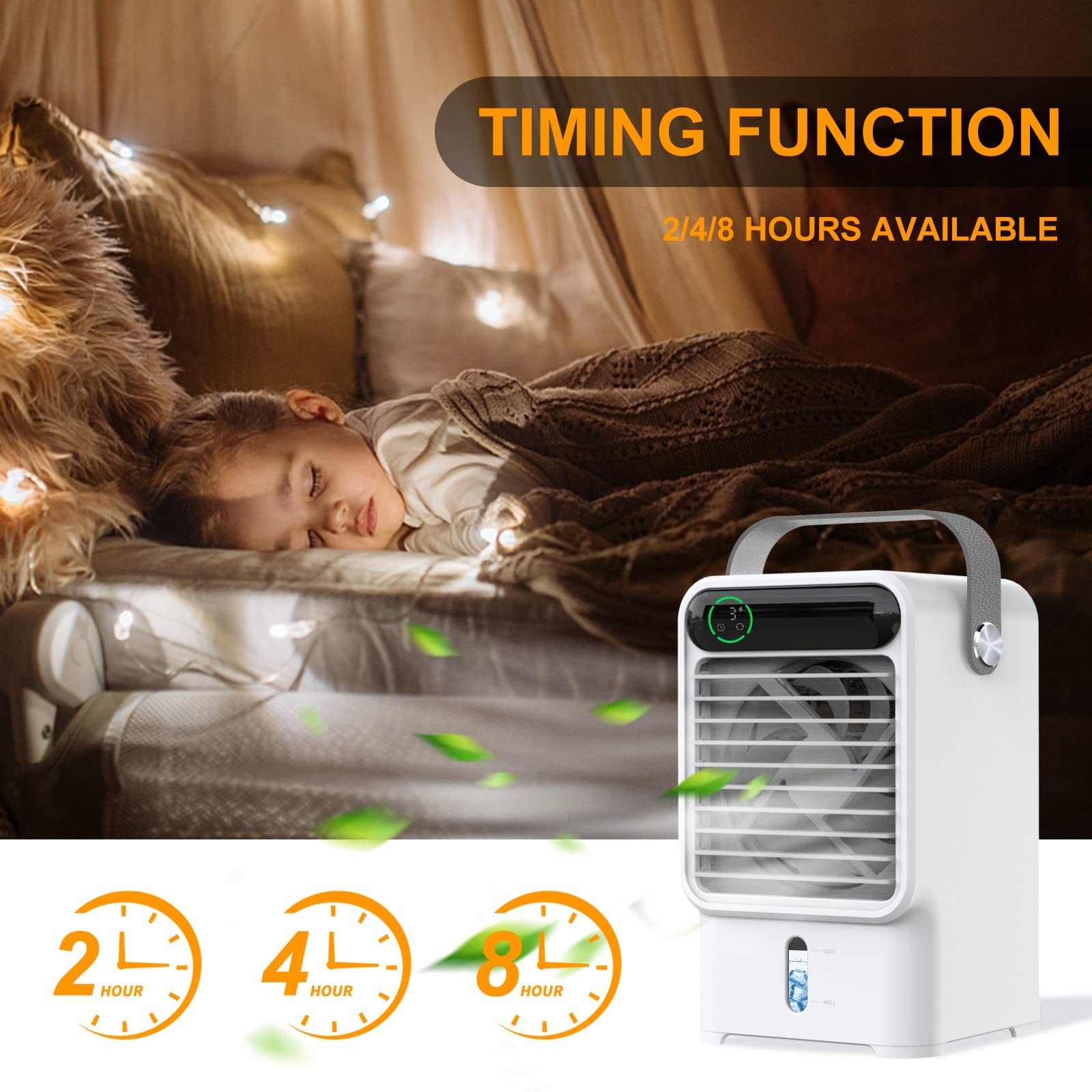Portable Air Conditioner, 4 in 1 Evaporative Personal Air Cooler with 3 Wind Speeds, Quiet Mini Air Conditioner with Handle/LED Light/Humidifier/Timing Function for Home, Office and Room