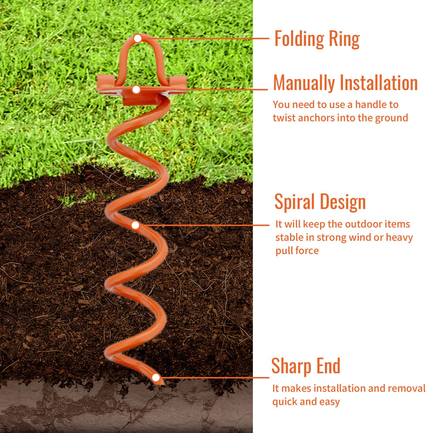MOLPE 4-Pack Spiral Ground Anchor with Folding Ring 10 Inch, Heavy Duty Stakes for Trampoline, Tent, Car, Tarps, Canopy, Camping, Dog Tie Out Stakes, Ice Screw Anchors