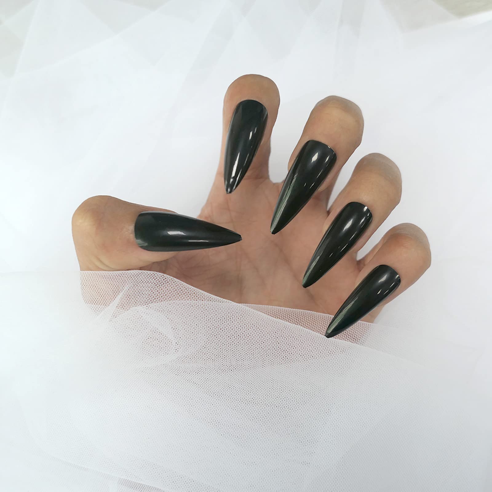 Lifextol Glossy Fake Nail 100pc Full Cover Acrylic Black Long Stiletto Press on Nails art Tips False Nail for Beginner Women and Girls Manicure(Black)