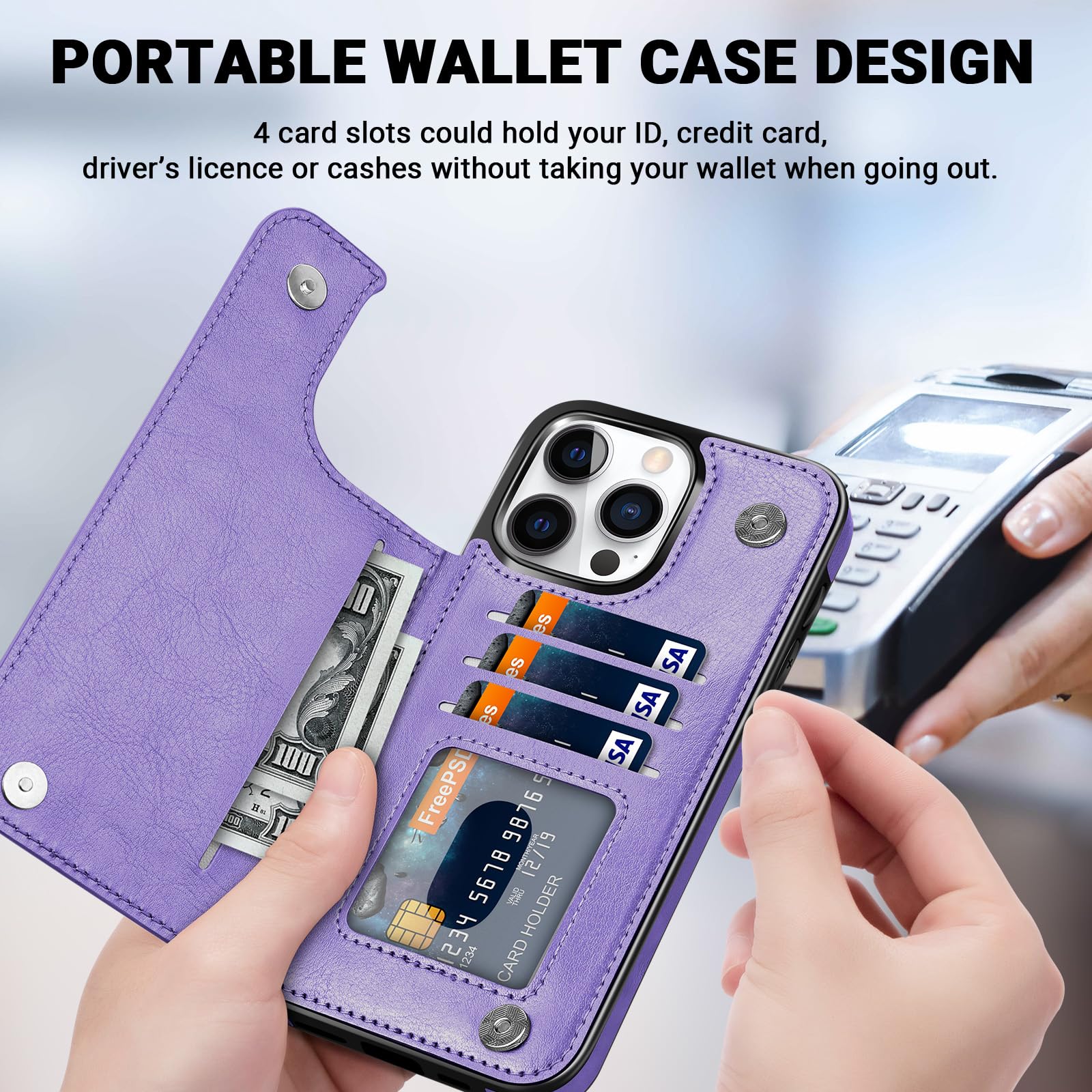 iMangoo for iPhone 15 Pro Max Case Wallet Credit Card Holder Slot,iPhone 15 Pro Max Case Women Cute Flower Pattern PU Leather Magnet Clasp Flip Cash Sleeve Phone Cover for iPhone 15 Pro Max Purple