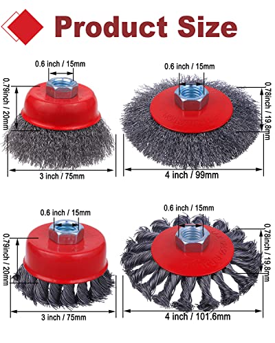 Rocaris 6 Pack Wire Wheel Cup Brush, 3 & 4 Inch Twisted Knotted & Coarse Crimped Cup Brush for Angle Grinders, 5/8 -11 Inch Threaded Arbor