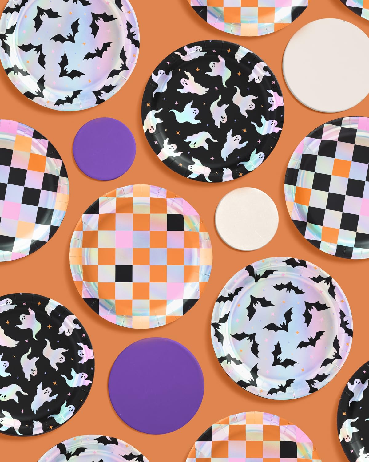 xo, Fetti Halloween Plates - 24 pcs | Halloween Tablescape, Spooky Season Setting, Haunted House Party, Checkered Kids Table Decor