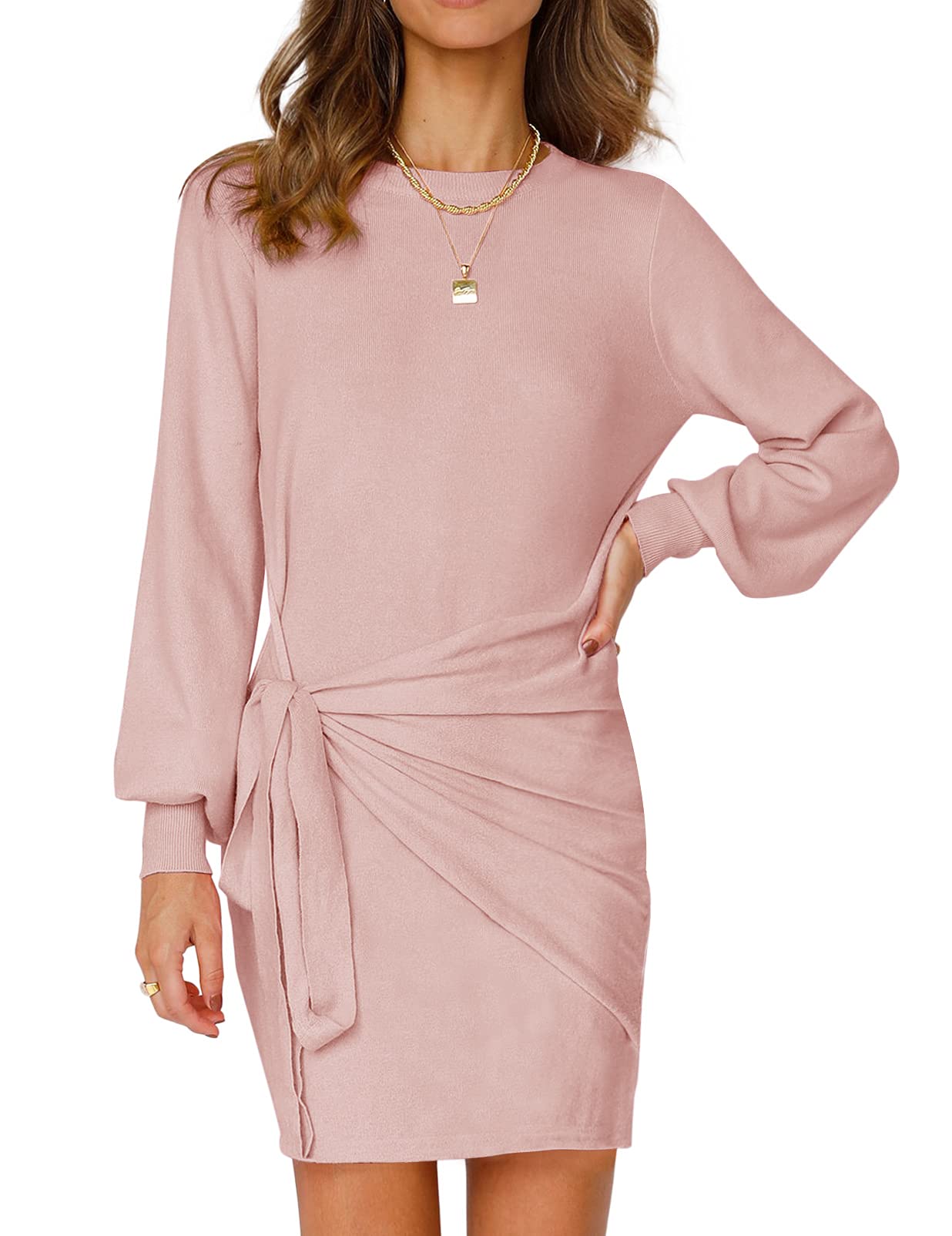 MEROKEETY Women's Puff Sleeve Tie Waist Sweater Dress Solid Color Soft Knitted Bodycon Mini Dress Pink