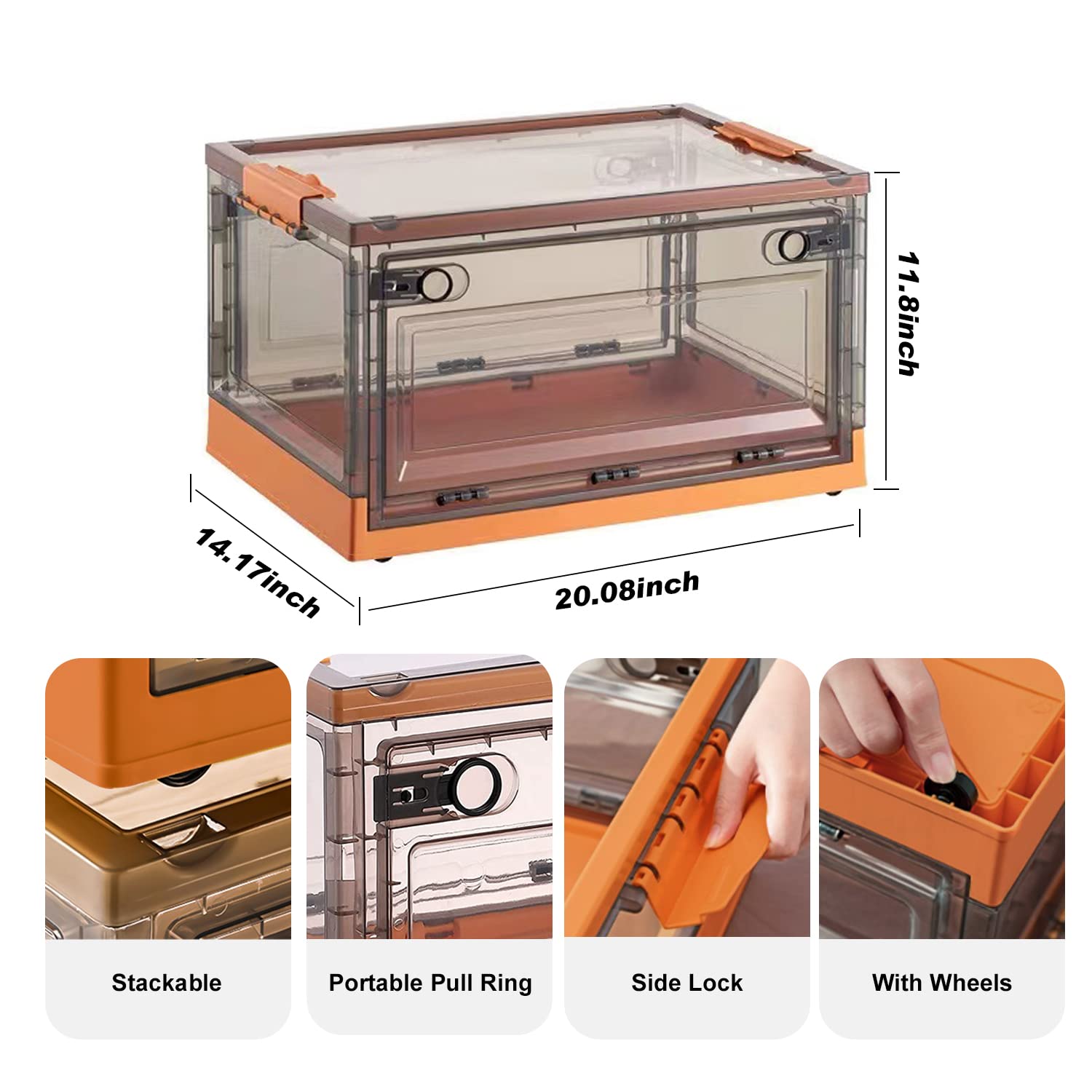 Kroshine Folding Storage Boxes with Lids Collapsible Storage Bins 56L Clear Plastic Stackable Storage Boxes with Wheels for Home & Office Organization, Cloth Books Snacks Storage Case (56L Orange)