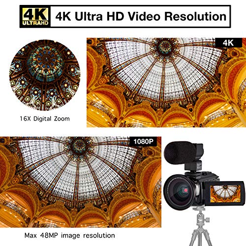 KOT 4K Camcorder Video Camera HD WiFi 3.0 Inch IPS Touch Screen 48MP 16X Powerful Digital Zoom Camera with Microphone and Wide Angle Lens IR Night Vision Vlogging Video Camera Recorder Handy cam