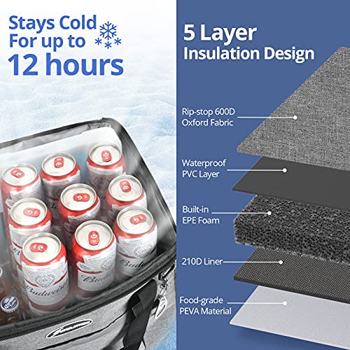 Maelstrom Collapsible Soft Sided Cooler - 75 Cans Extra Large Lunch Cooler Bag Insulated Leakproof Camping Cooler, Portable for Grocery Shopping, Camping, Tailgating and Road Trips,Grey