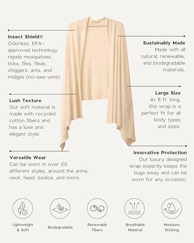 Pang Wangle Exquisite Wrap or Shawl in Soft Recycled Cotton | Can be used as a Scarf around the Shoulders or Head | Enhanced with Insect Shield Bug Repellent for Stylish Comfort, Sandshell