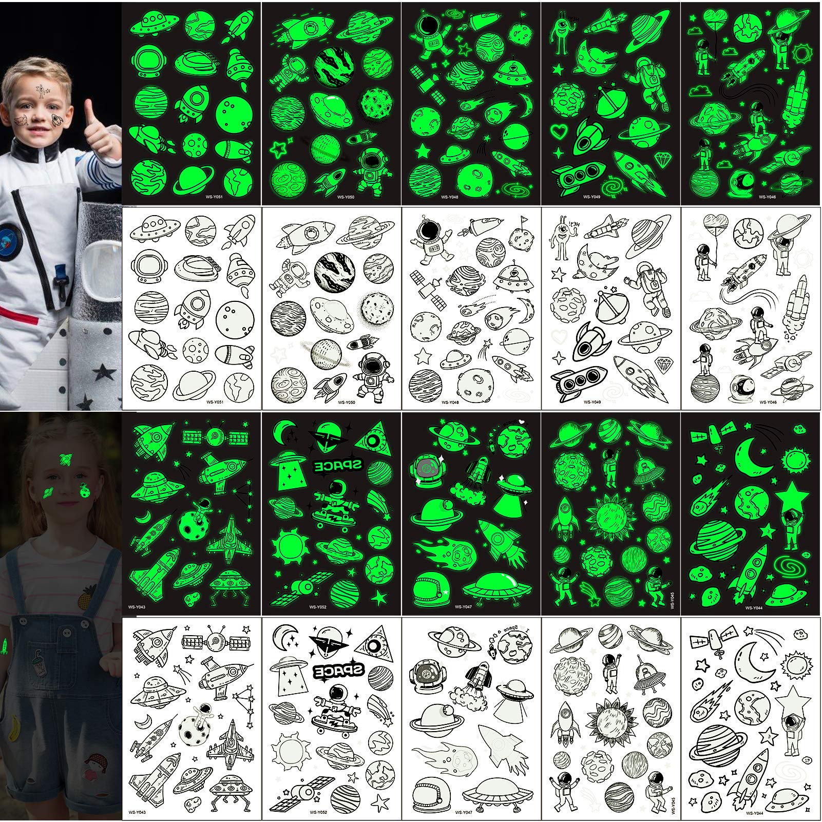 Konsait 140pcs Glow in The Dark Space Temporary Tattoo for Kids,Luminous Solar System Universe Outer Space UFO Temporary Tattoos for Boys Girls Stockings Stuffers Goody Filler Birthday Party Favor
