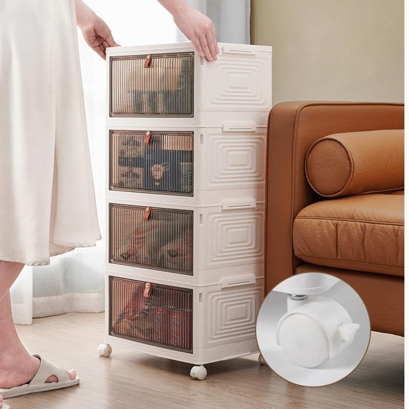White 5 Tier Plastic Storage Bins Organizer with Lids and Wheels, 17.13 × 12.4 × 45.47 Inch Stackable Bins for Storage, 46Qt Folding Storage Boxes for Home, Dorm Room, 5th storage box (Five layers)