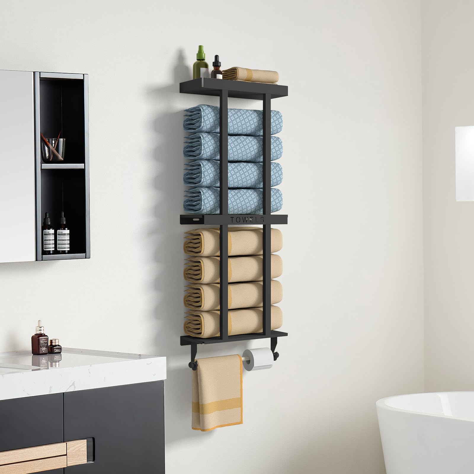 XWF Bathroom Towel Storage Rack,Wall Mounted Metal Bathroom Organizer,Wall Mounted Roll Towel Rack 30-Inch with Shelf for 6 Large Towels (Black)