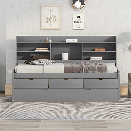 SOFTSEA Twin Size Daybed with Bookcase Headboard, Twin Captains Bed with Trundle and Storage Drawers, Wood Captains Bed with Slats Support for Kids Guests, Gray