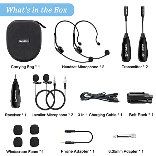 KIMAFUN Wireless Microphone System for 2 People, 2.4G Dual Wireless Headset and Lavalier Lapel Mics Ideal for Smartphone, iPhone, Laptop, Camera, Speaker, PA, Conference, Vlog, Recording