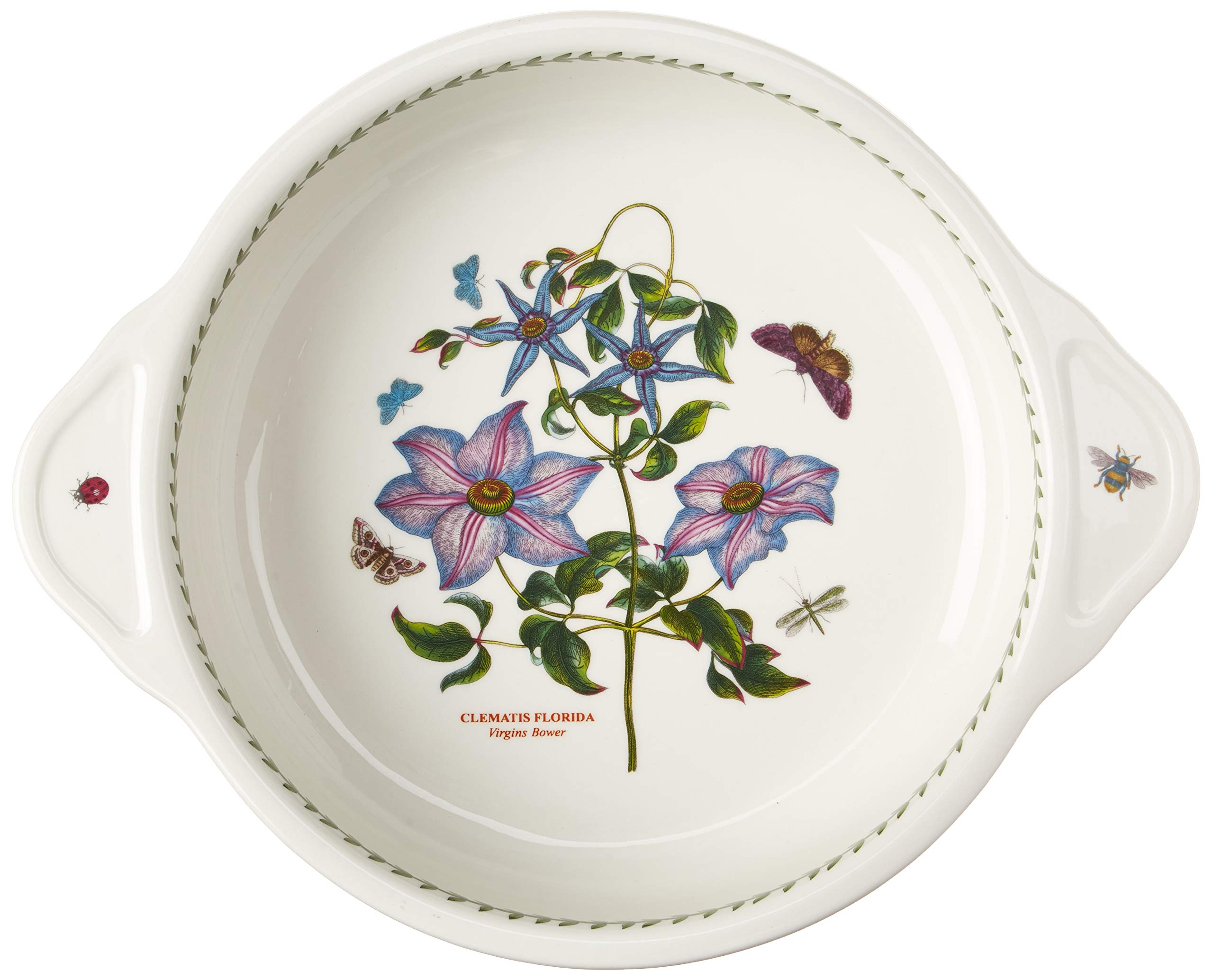 Portmeirion Botanic Garden Round Baking Dish with Handles | 10 Inch Baking Dish with Clematis Motif | Made from Porcelain | Dishwasher and Microwave Safe