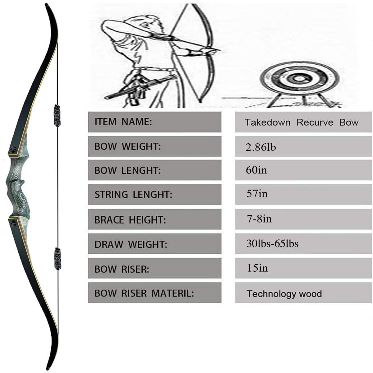 Monleap Recurve Bow and Arrows for Adults 60" Archery Set Right Hand Longbow 30-65lb Wood Riser Takedown Bow Arrow Quiver for Beginner to Intermediate Shooting Hunting (30lb)